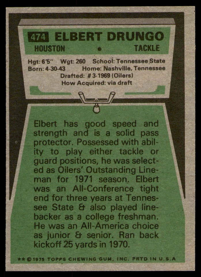 1975 Topps #474 Elbert Drungo Houston Oilers | eBay
