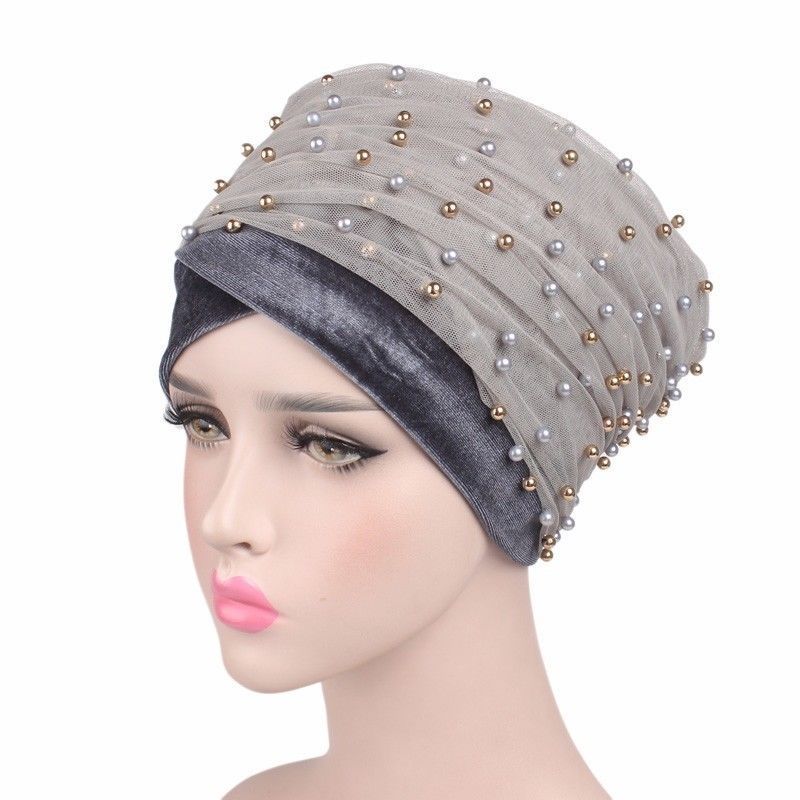 Luxury Women Gold Beaded Mesh Head Wrap Velvet India Turban Hijab Long ...