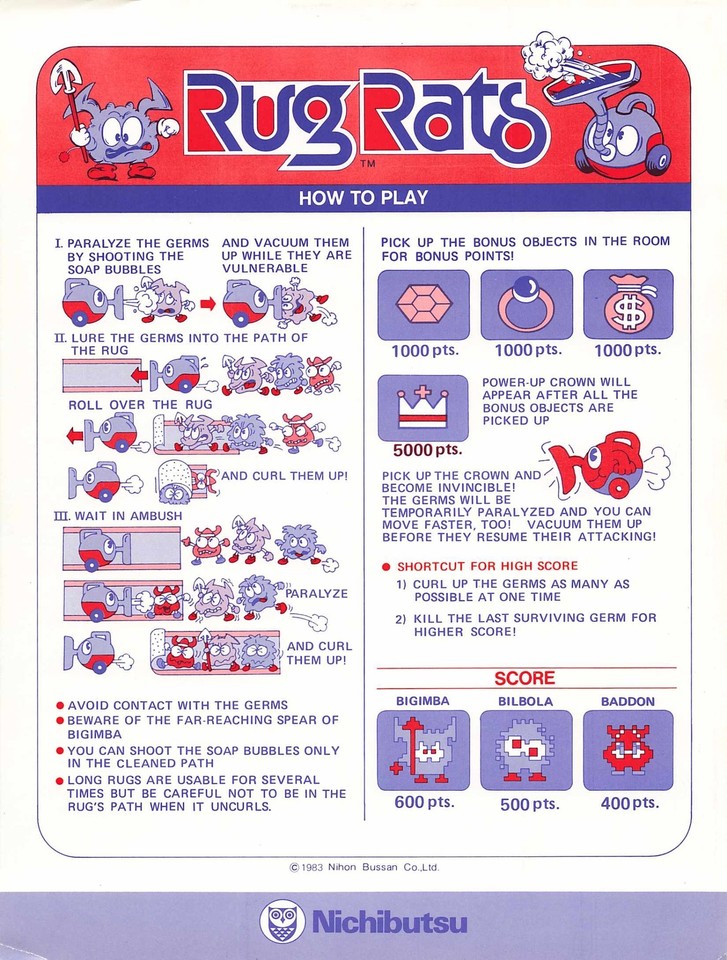 Vintage 1983 Nichibutsu RUG RATS Japan Arcade Video Game Promo Flyer ...