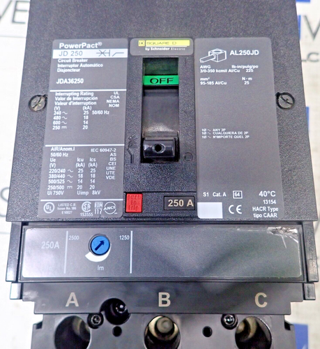 Square D JDA36250 250 Amp 3 Pole 600V PowerPact I-Line Circuit Breaker ...