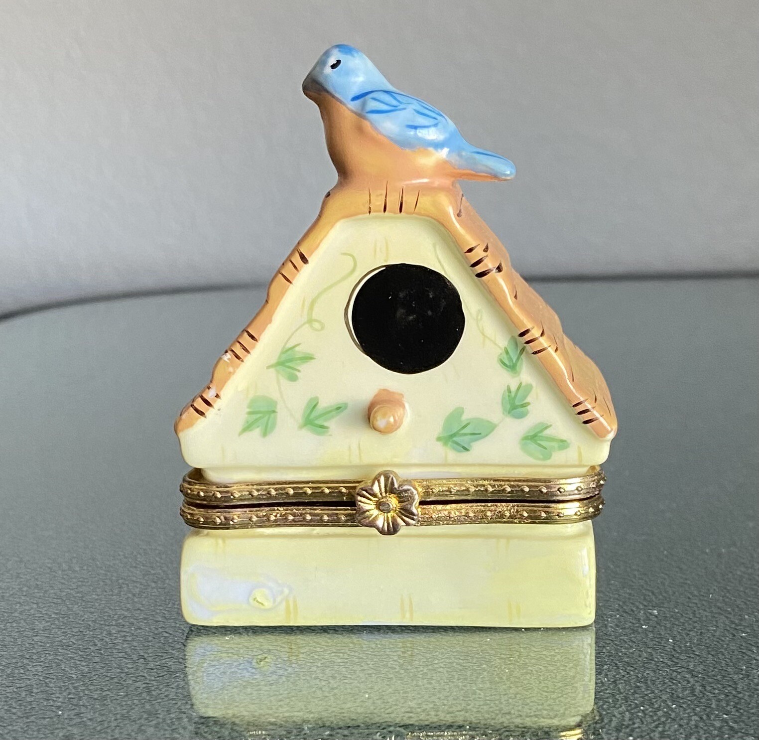 Vintage, Hand Painted Yellow, Birdhouse Trinket Box, Blue Bird, Jewelry ...