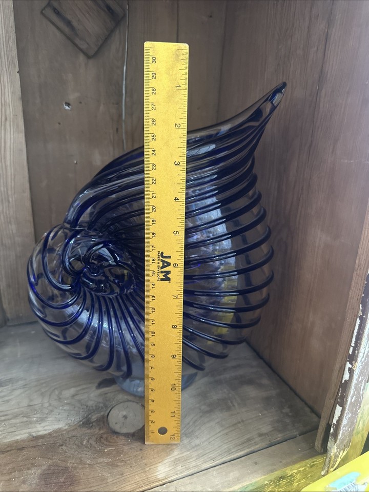 Art Glass Nautilus Conch Shell Vase Pitcher Cobalt Blue Glass Seaside ...