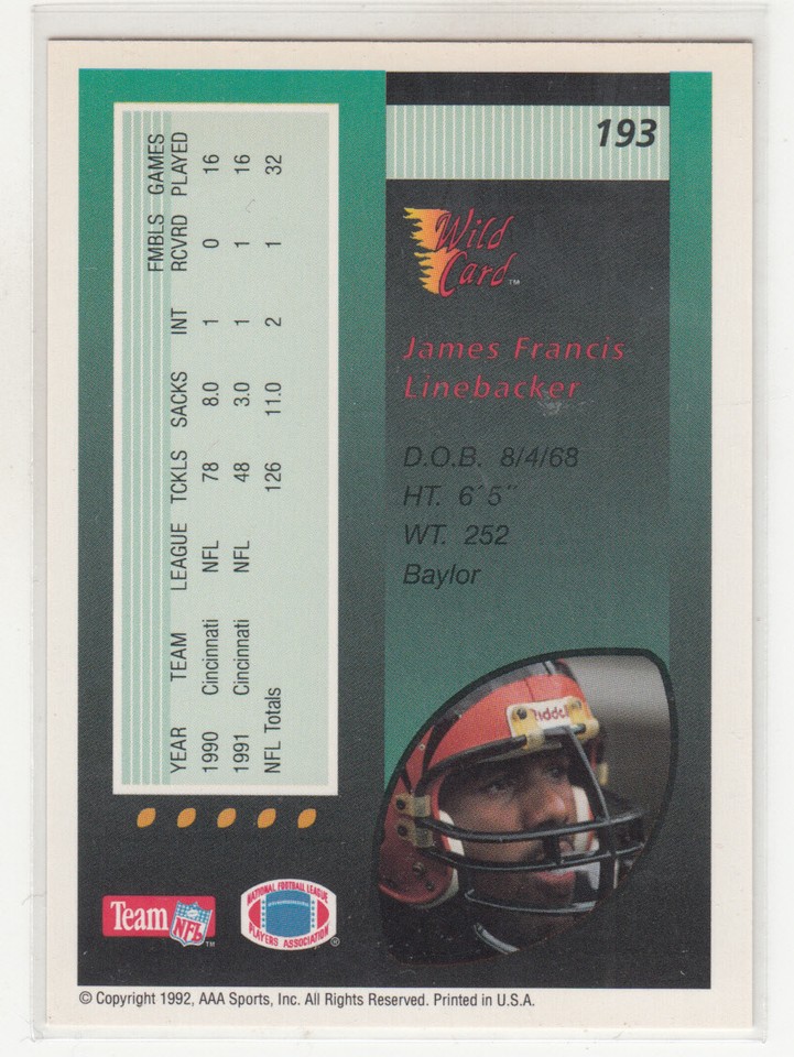 JAMES FRANCIS 1992 Wild Card NFL #193 Parallel 10 Stripe Cincinnati ...