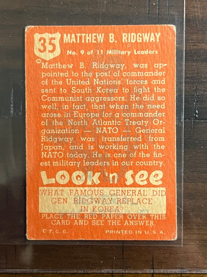 1952 Topps Look 'N See Card # 35 General Matthew Ridgeway Soldier VGEX ...