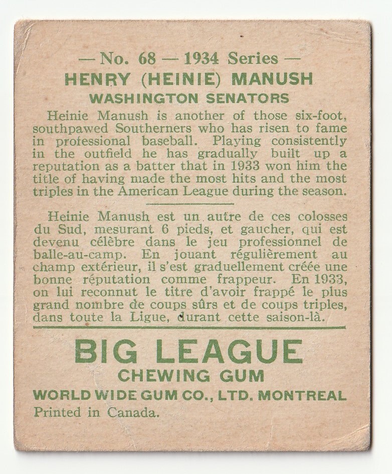 1934 World Wide Gum #68 Henry (Heinie) Manush Washington Senators | eBay