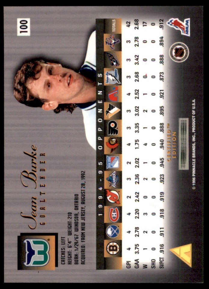 1995-96 Select Certified Sean Burke Hartford Whalers #100 | eBay