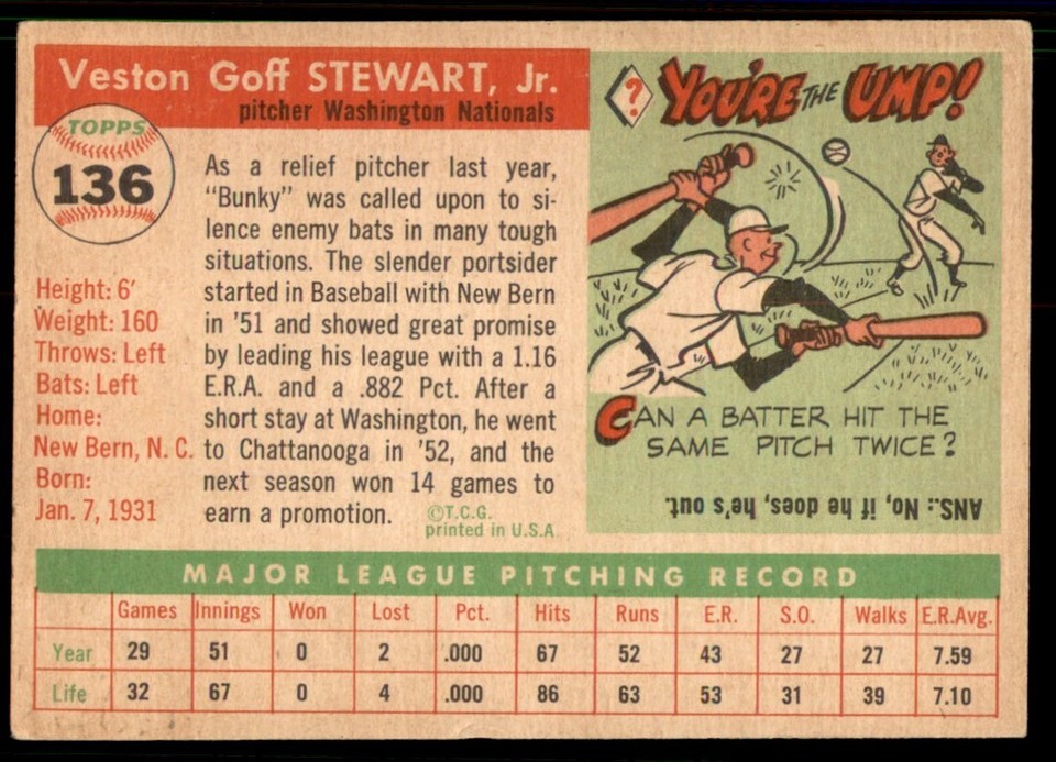 1955 Topps Bunky Stewart RC Washington Senators #136 VG/EX (Light ...