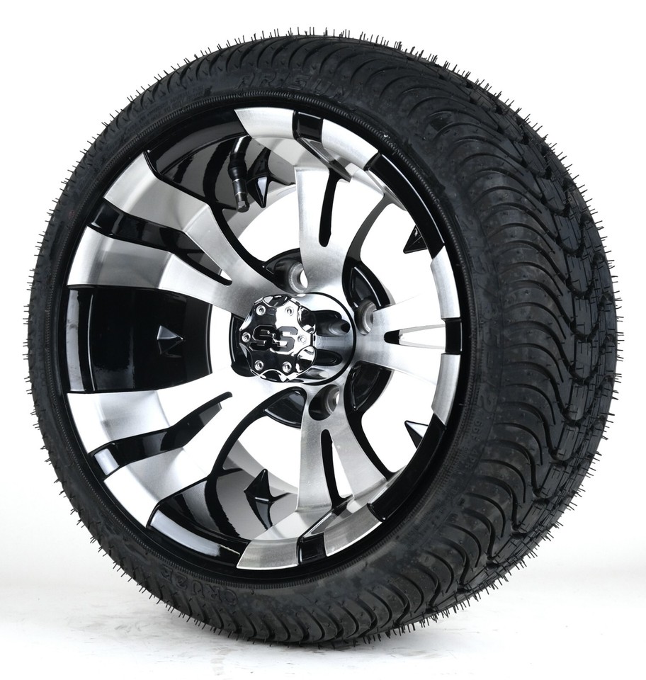 Set of 4 12" Black Machine Face Golf Cart Wheels & 215/35-12 Tires EZGO ...