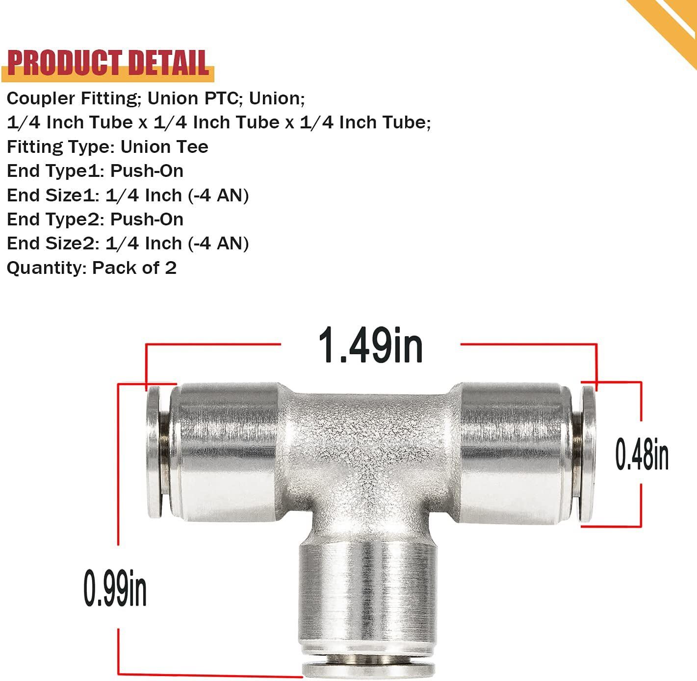 21838 Silver Air Line T-Fittings 1/4inch Tube Union Tee Push-to-Connect ...