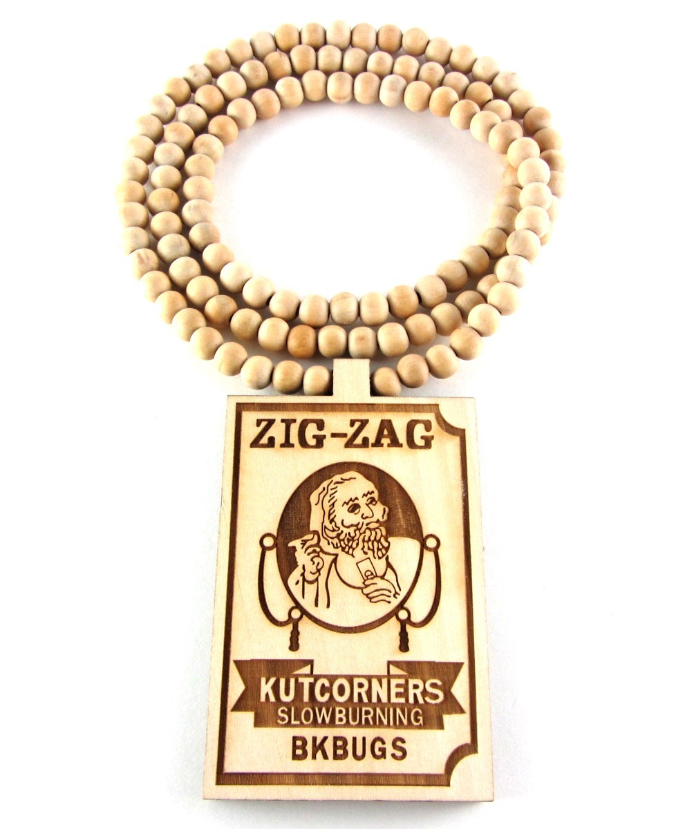 Wooden Zig Zag Pendant Piece 36" Chain Bead Necklace Good Wood Style ...