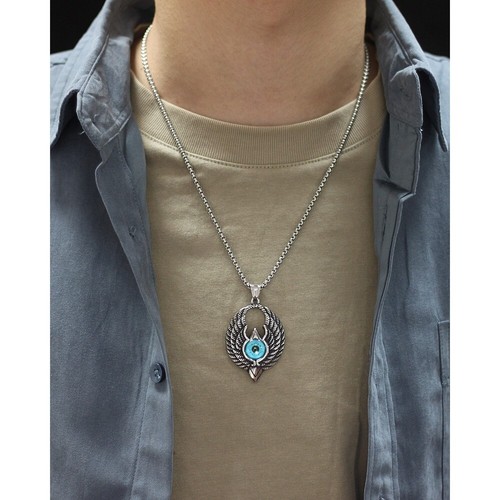Punk Men's Stainless Steel Blue Devil Eye Angel Wing Pendant Necklace ...