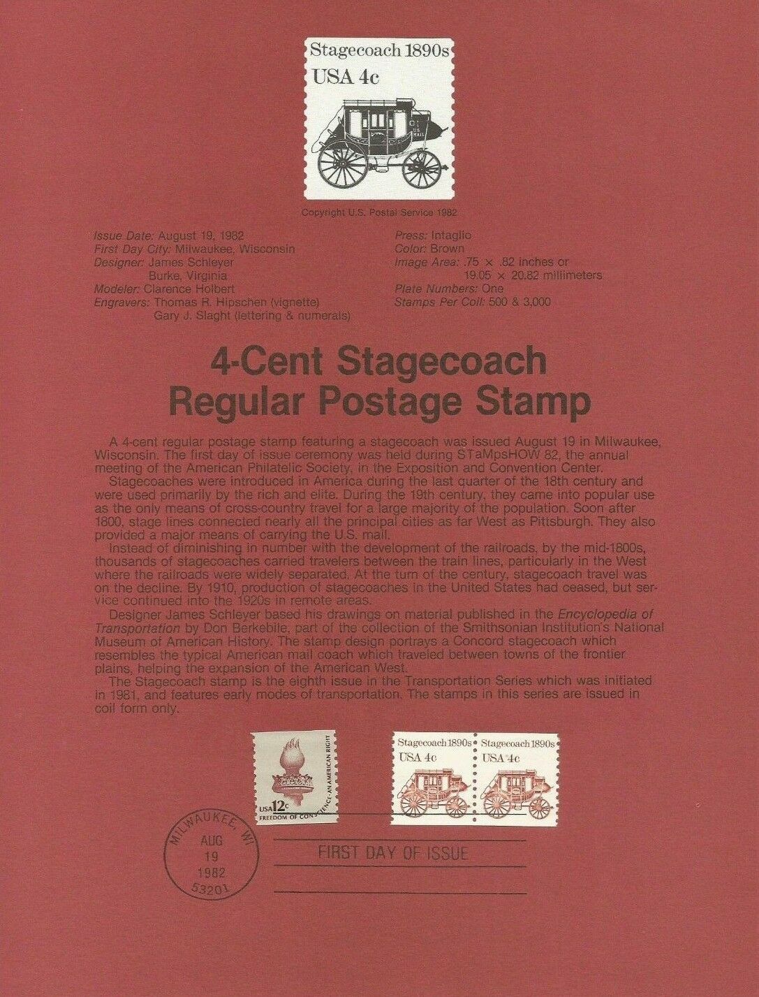 STAGECOACH 1890s TRANSPORTATION COIL 1982 USPS FD Souvenir Page #1898A ...