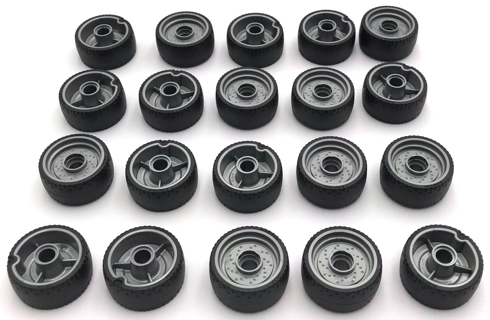 Lego 20 New Flat Silver Wheels 24 x 12 Pin Hole Molded Black Hard ...