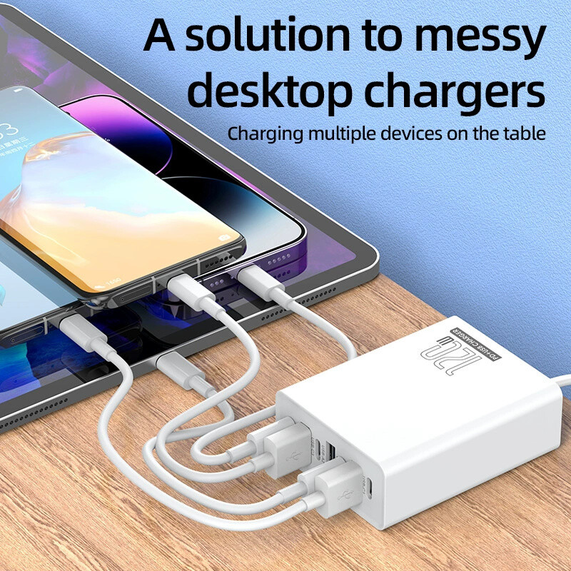 120W 6-Port USB C Fast Wall Charger Block Charging Station for Multiple ...