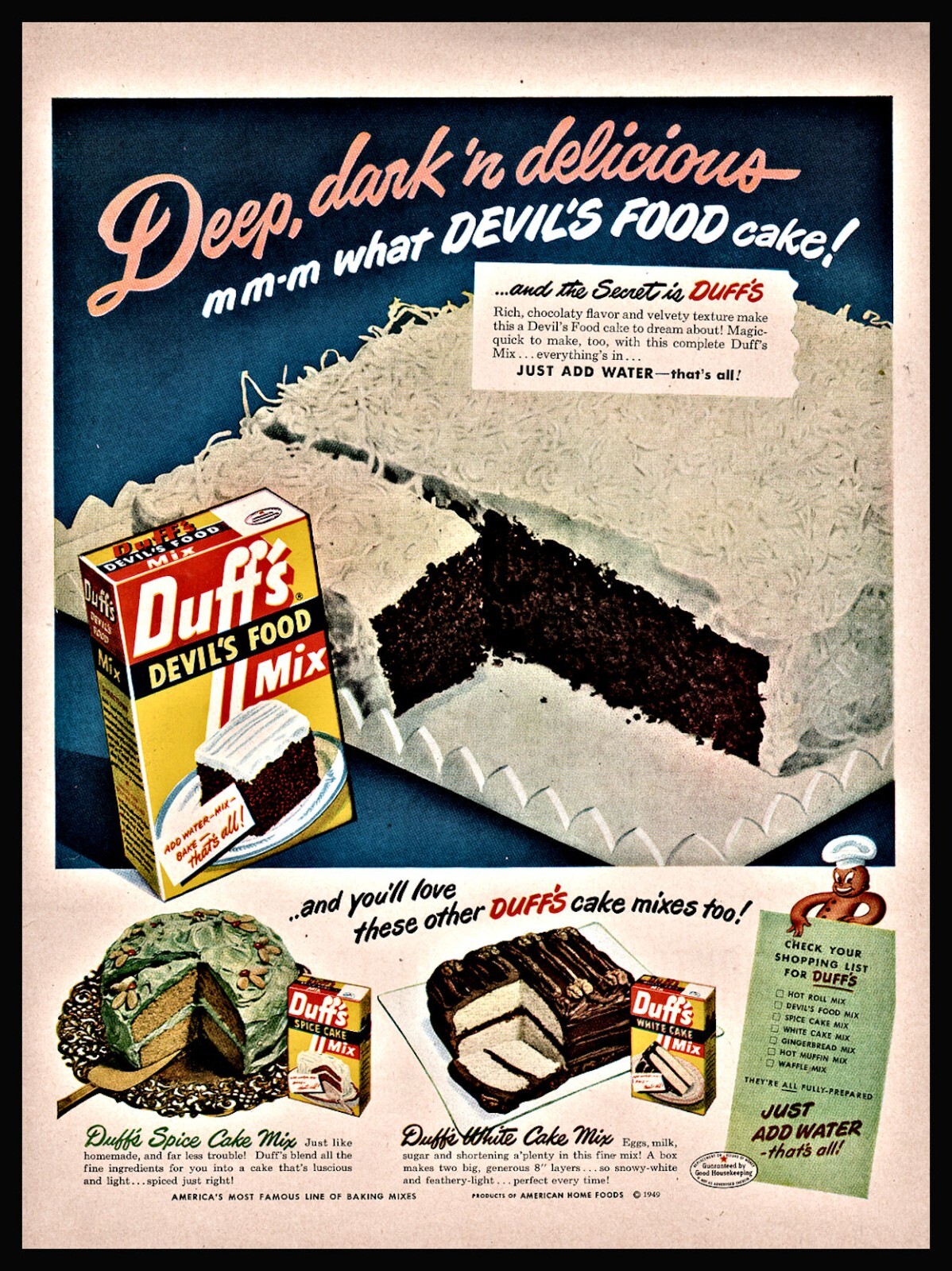 1949 DUFF'S Devil's Food Cake Mix AD Mid-Century Baking Kitchen Vintage ...