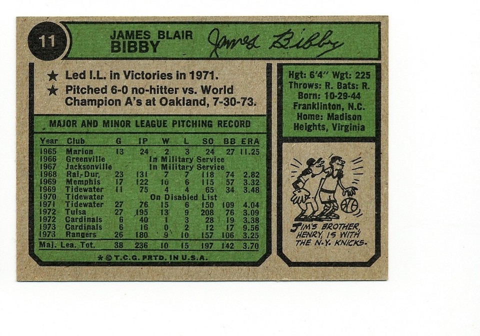 1974 TOPPS TEXAS RANGERS JIM BIBBY #11 NM ROOKIE CARD | eBay