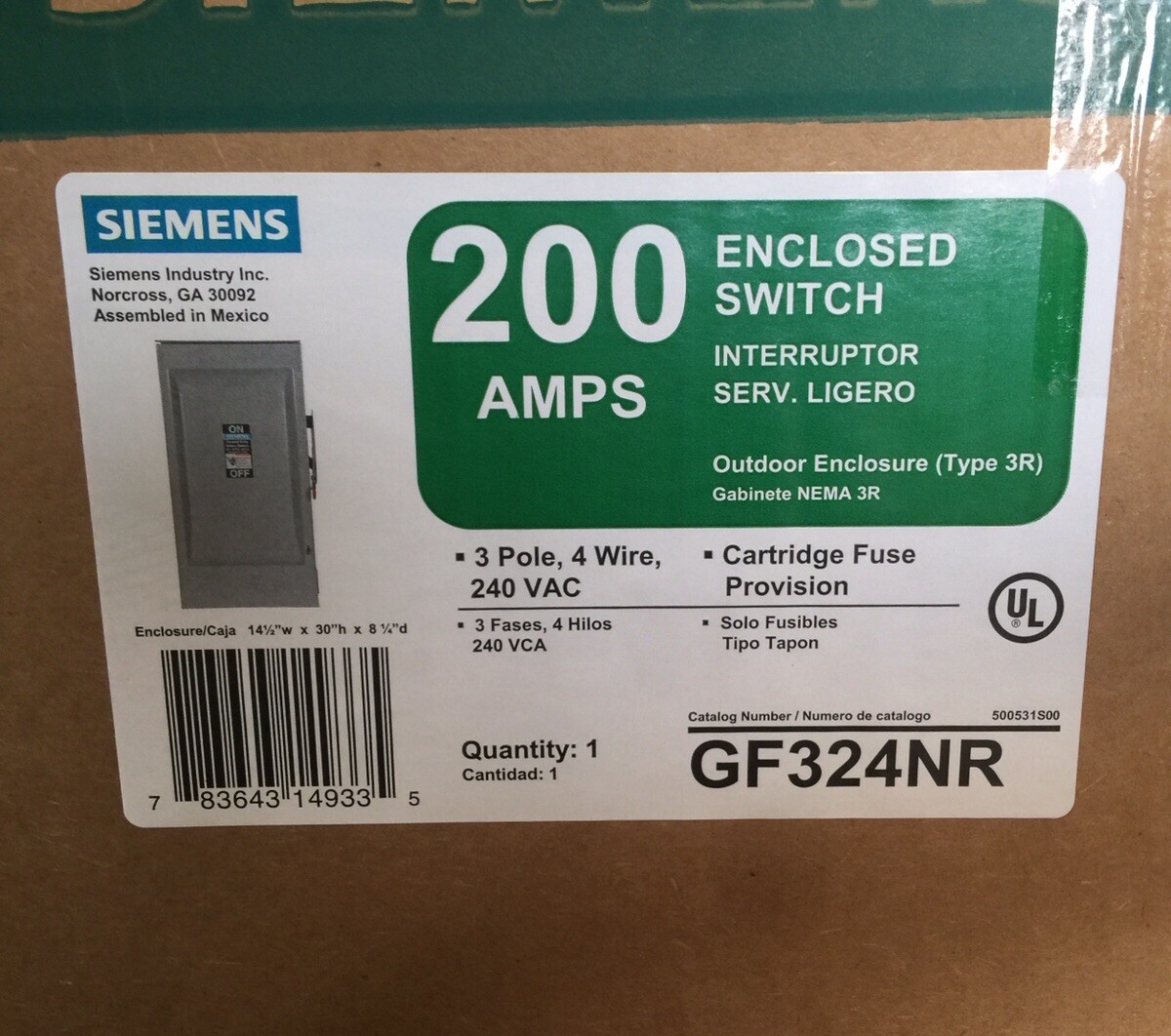 Siemens GF324NR 3-Pole Outdoor Fusible Safety Switch 240V/200A for sale ...