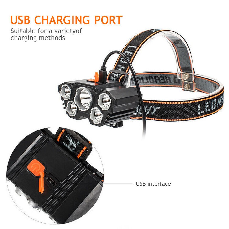 Headlamp 5x LED Super Bright Lumen Rechargeable Head Light Flashlight ...