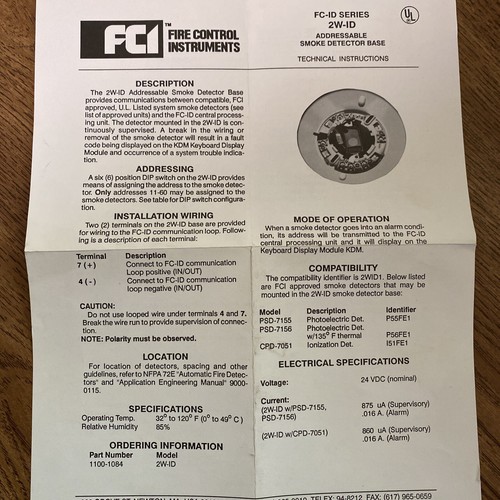 FIRE CONTROL INSTRUMENTS FCI 2W-ID 2-WIRE ADDRESSABLE ALARM BASE 1100 ...