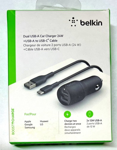 Belkin 24W Dual USB Car Charger - 2 12W USB A Ports with USB-C Cable ...