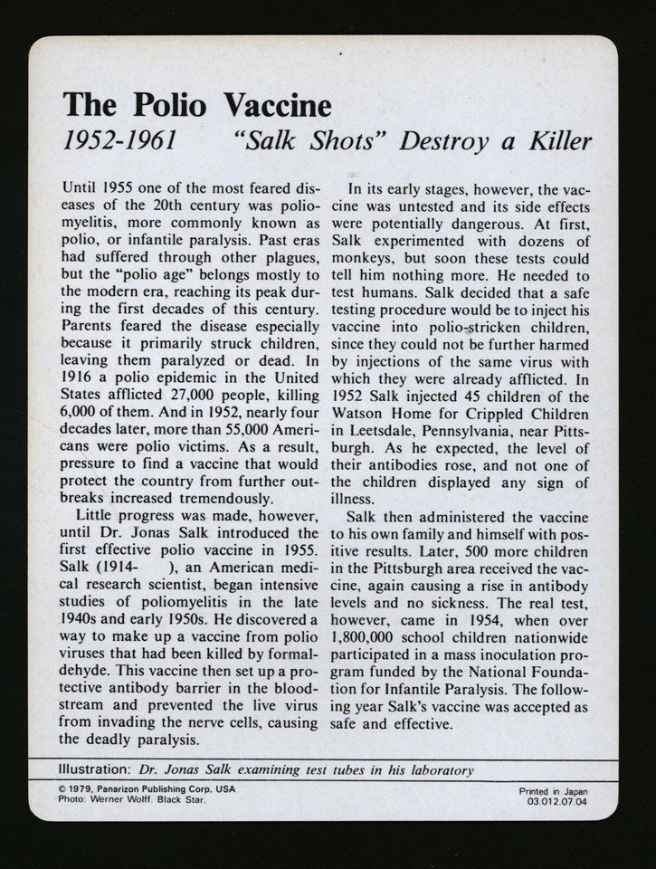 1979 Panarizon "POLIO VACCINE, JONAS SALK" Daily Life Story of America ...