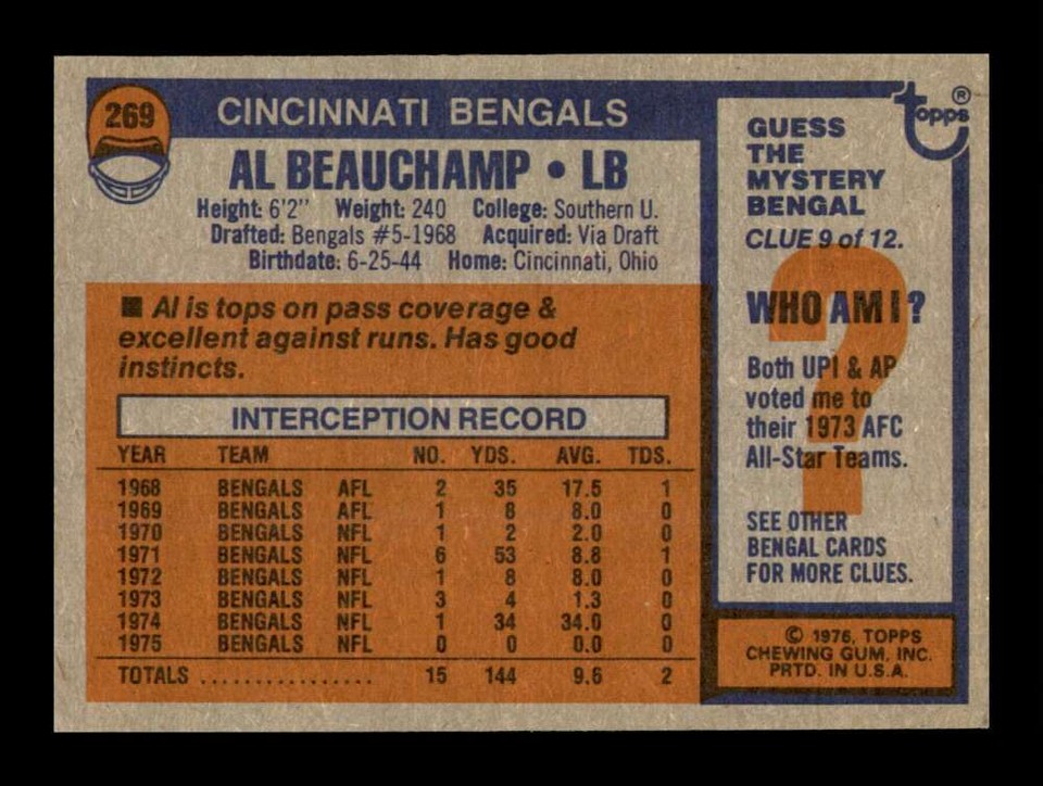 1976 Topps Al Beauchamp #269 Cincinnati Bengals | eBay