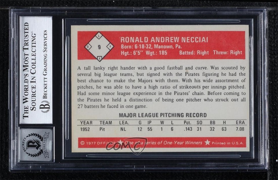BAS 1977 Fritsch One Year Winners Ron Necciai Ronald Neccial #9 BGS ...