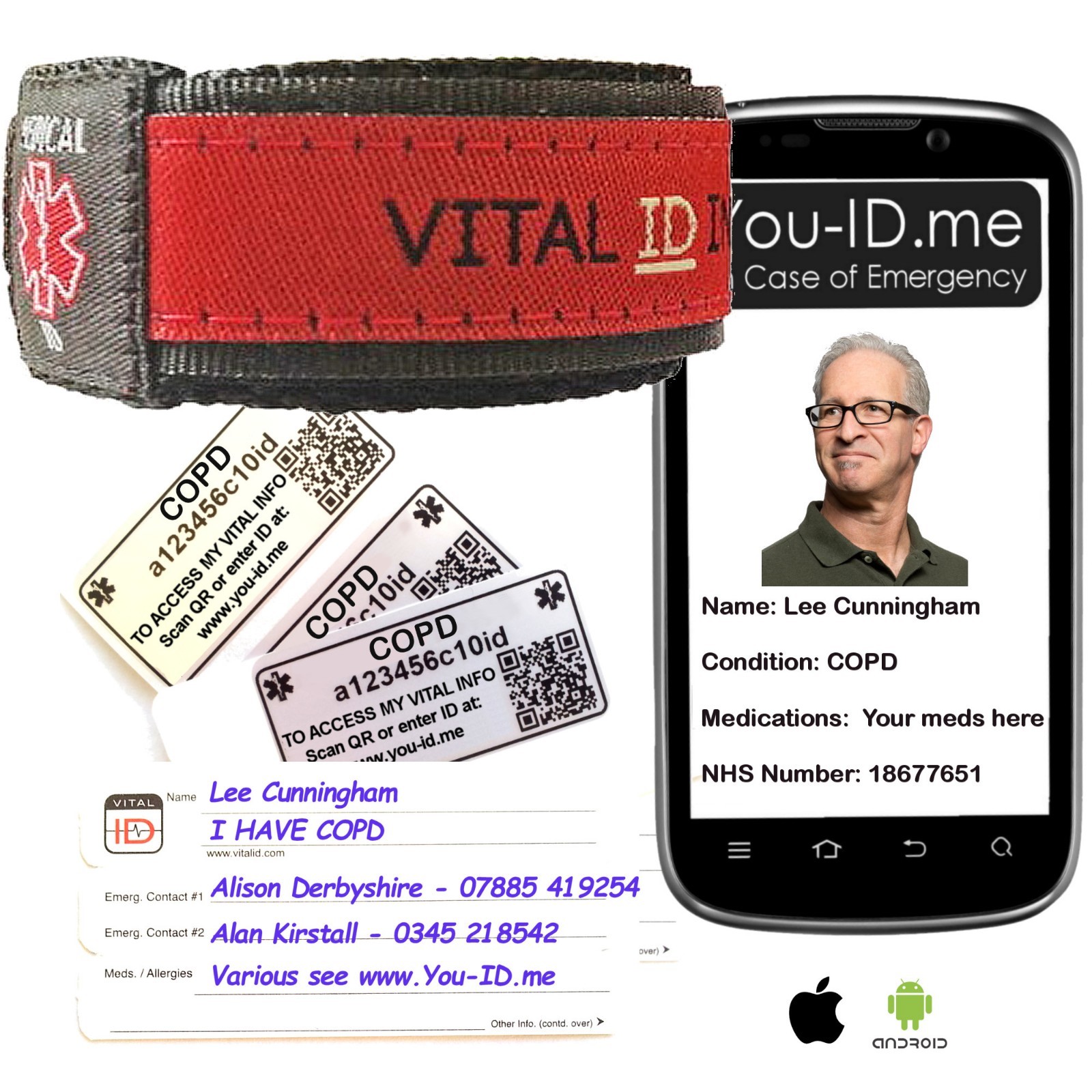 COPD Emergency Medical Alert Bracelet ID Card Wristband Contacts and ...