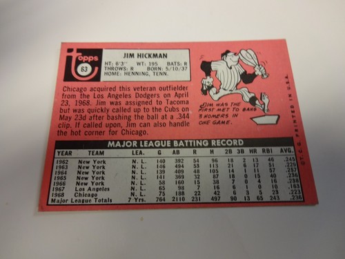 1969 Topps Baseball Jim Hickman Chicago Cubs Card #63 | eBay