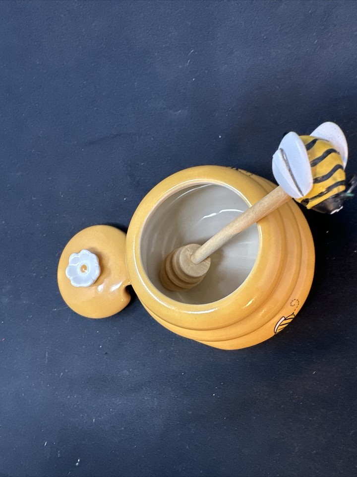 New Honey Pot Miel Ceramic Beehive Jar Daisy Handle Lid Wood Bumble Bee ...