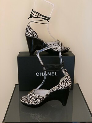 AUTHENTIC CHANEL SANDALS SHOES OPEN TOE BLACK & WHITE WEDGE HEEL SIZE ...