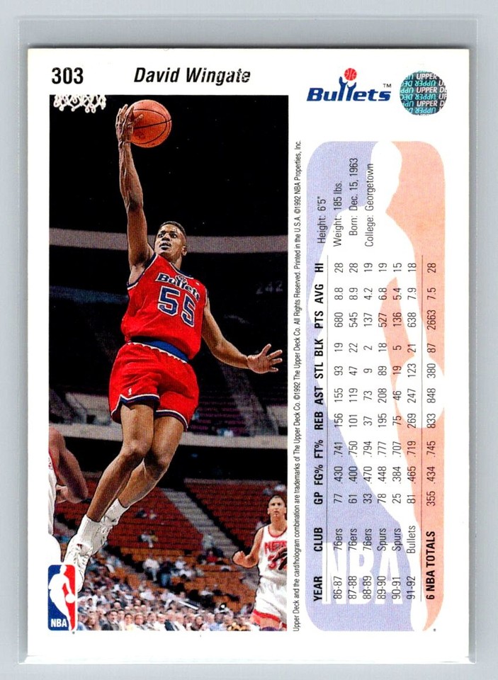 1992-93 Upper Deck #303 David Wingate Washington Bullets Basketball ...