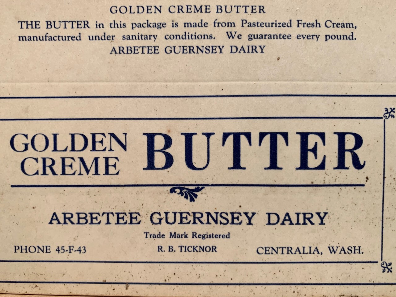 NOS ARBETEE GUERNSEY DAIRY R.B.TICKNOR CENTRALIA WASH 1# BOX GOLDEN ...