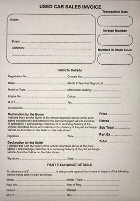 Used Car Sales Invoice Pad Receipt Book A5 for Selling Motor Vehicle ...