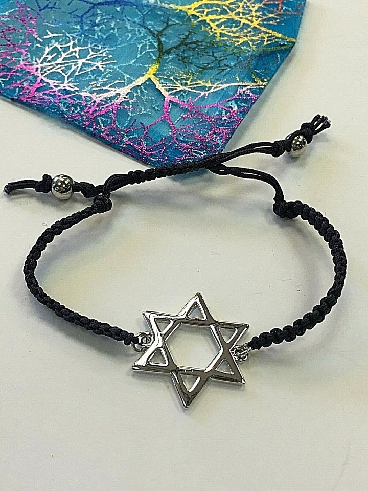 STAR OF DAVID HEBREW JEWISH SILVER CHARM ADJUSTABLE BLACK BRAIDED ROPE ...