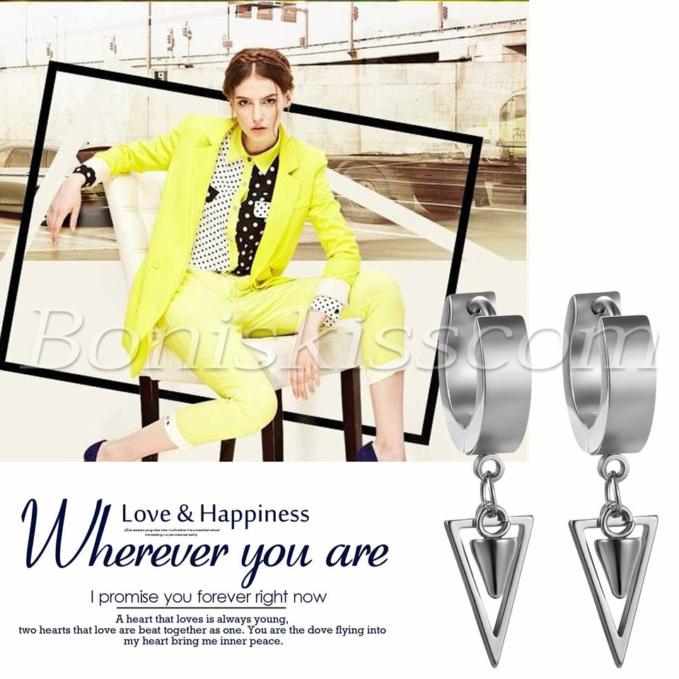 2pcs Mens Womens Stainless Steel Hoop Huggie Drop Dangle Triangle Rivet ...