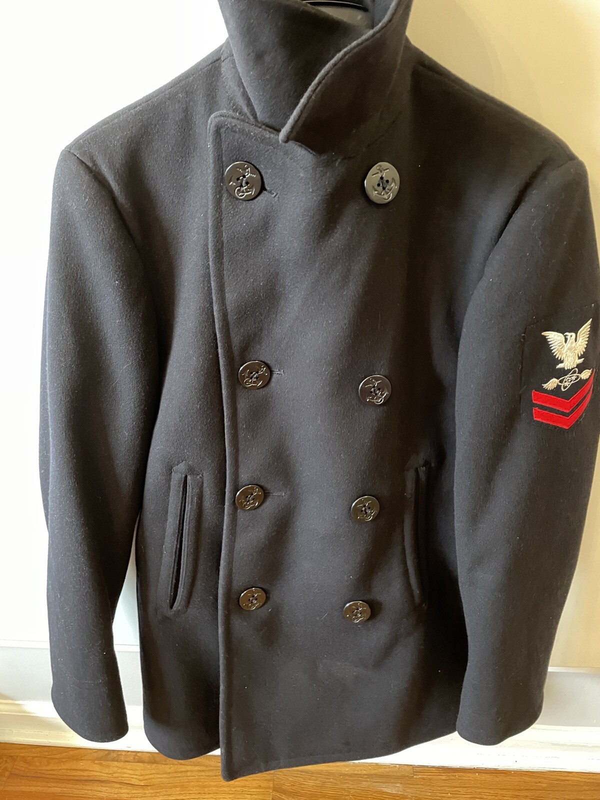 VINTAGE MILITARY NAVY PEA COAT 100% WOOL SZ 34 SATIN … - Gem