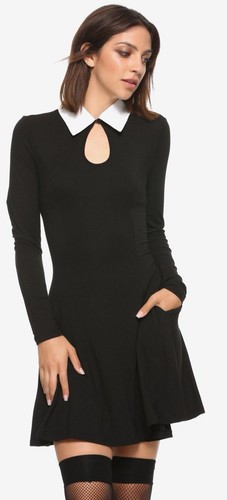 Hot Topic Dress M Black Keyhole Long-Sleeve White Collar Stretch Goth ...