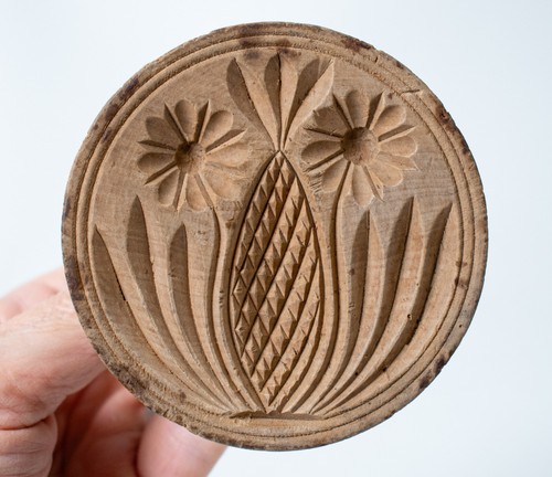 Antique Primitive Wood Hand Carved Butter Stamp Pineapple Flowers | eBay