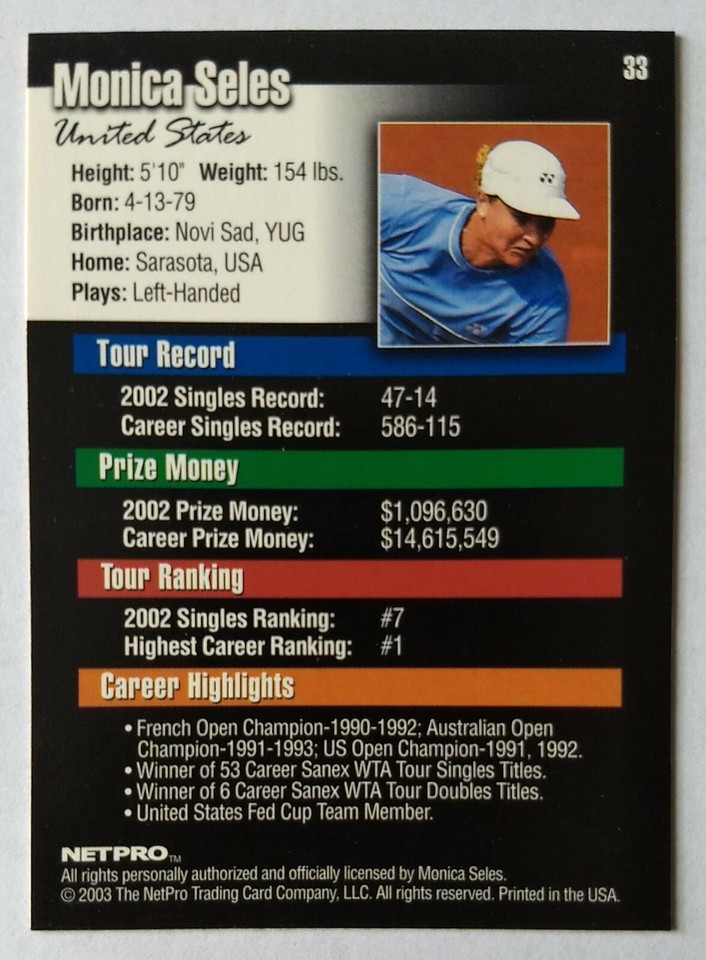 MONICA SELES, 2003 NETPRO ROOKIE CARD #33 | eBay