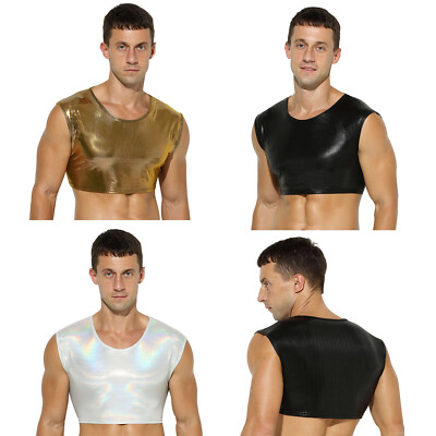 Men's Leather Tank Tops Sleeveless Shiny Metallic Rave Clubwear Muscle ...