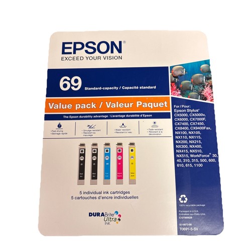 Genuine Epson 69 Black Tri-Color Ink Cartridges Value 5-Pack NEW SEALED ...