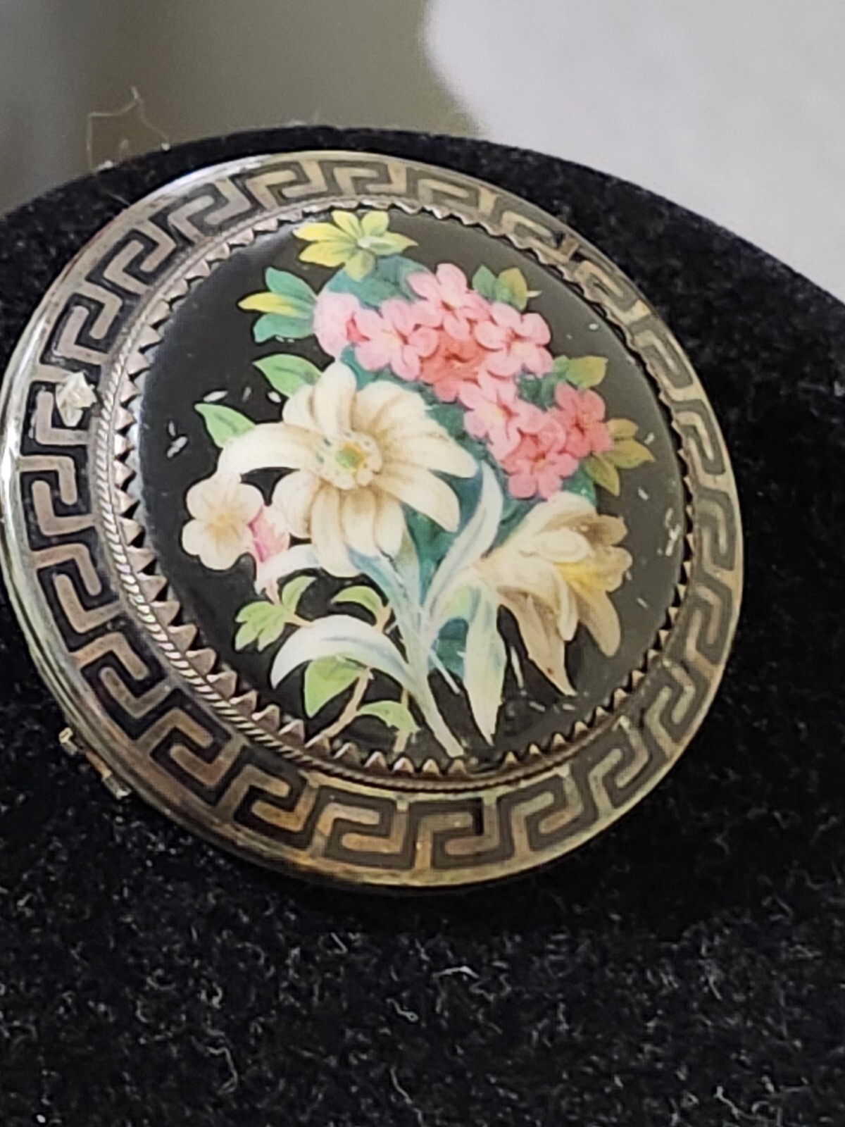 Antique HANDPAINTED FLORAL GREEK KEY BROOCH ? SILVER … - Gem