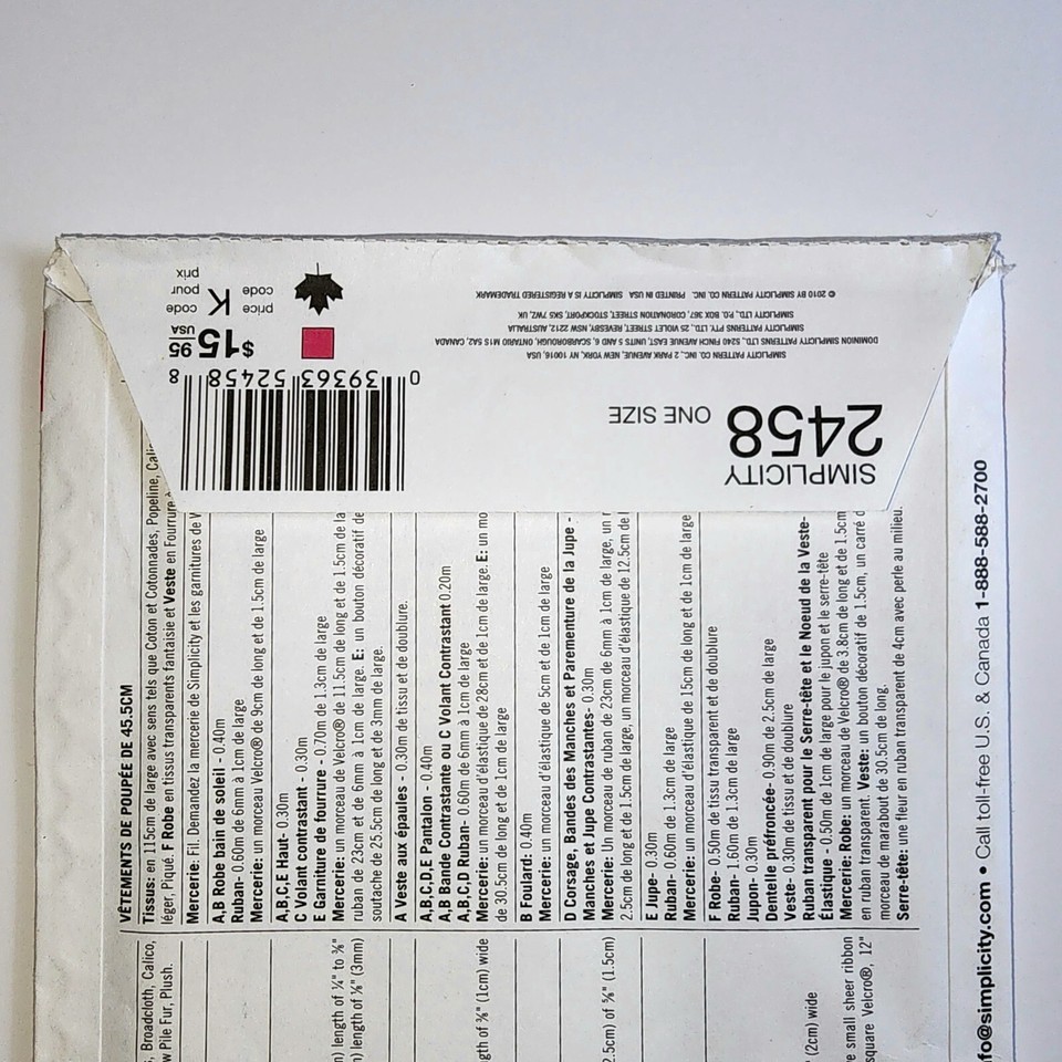 Simplicity 18” American Girl Doll Sewing Pattern 2458 One Size UNCUT ...