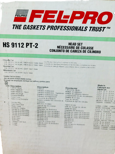 Engine Head Gasket Set Fel-Pro HS 9112 PT-2 FOR CHRYSLER HYUNDAI ...