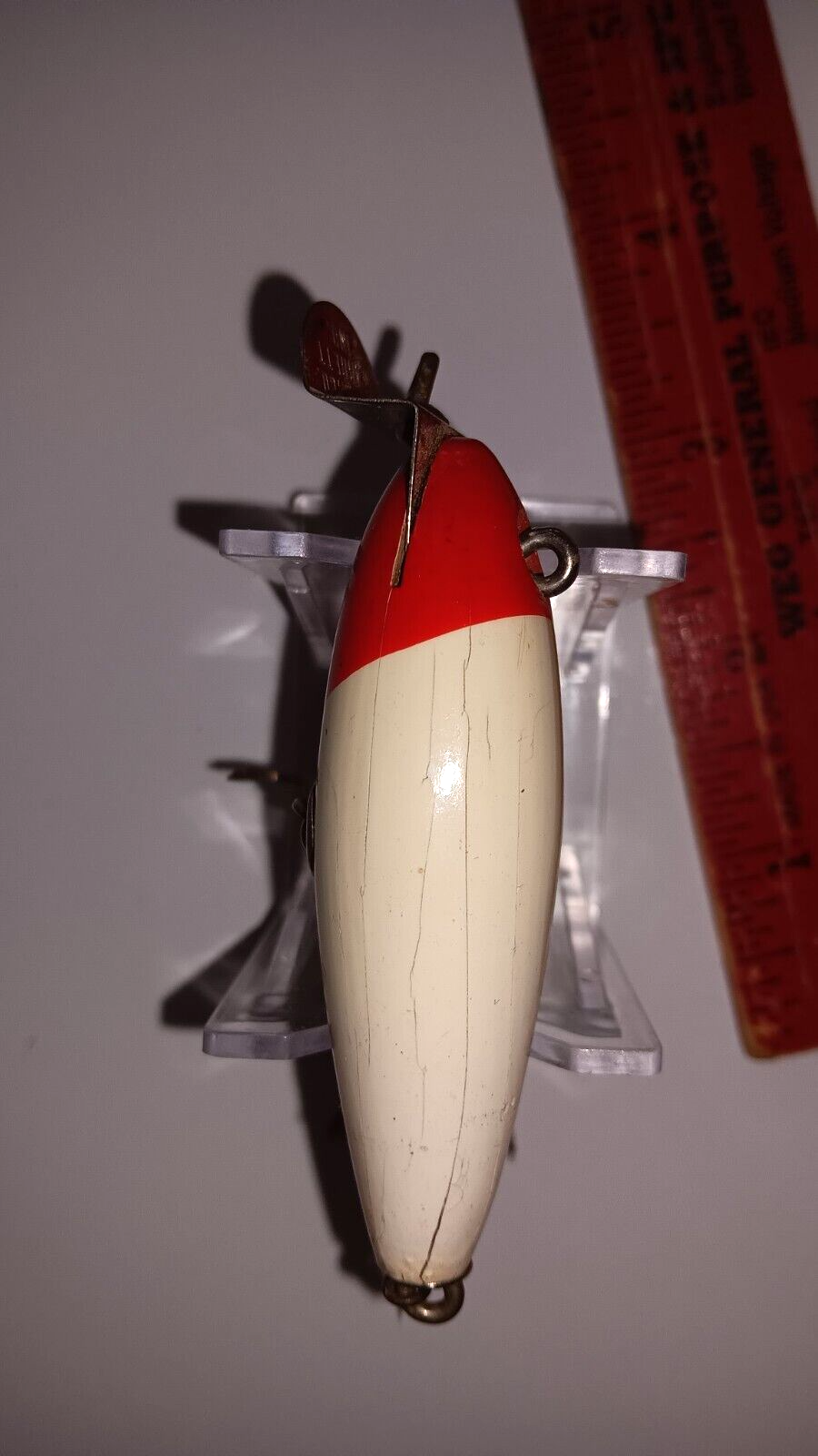 VINTAGE CREEK CHUB BABY WIGGLER WHITE W/RED SLANT PAINTED HEAD NO EYES ...