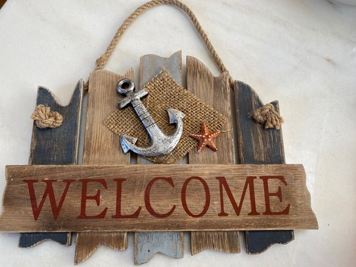 Coastal Decor Boat Welcome Sign Hanging Wooden Beach Blue Shells Anchor ...