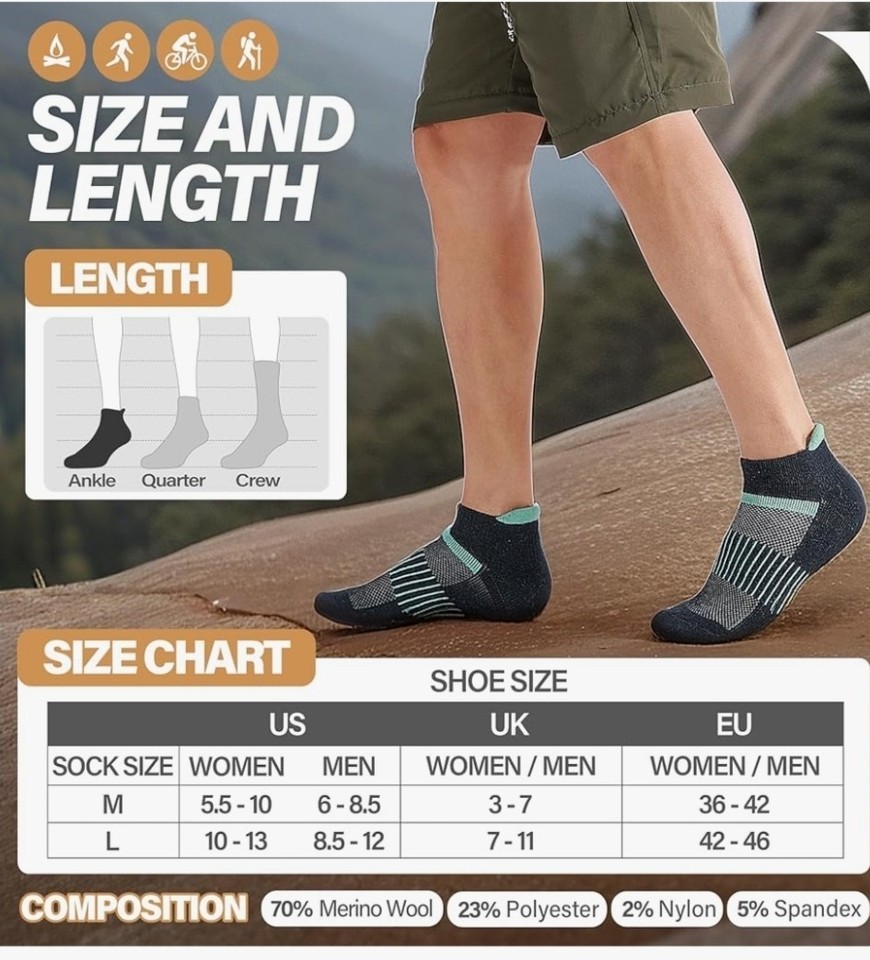 6 Pairs Merino Wool Ankle Hiking Running Socks Compression Support Thick Cushion | eBay