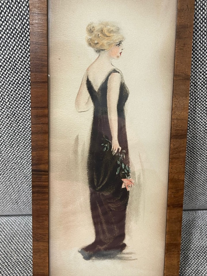 Vintage Antique Art Deco Chalk / Pastel Drawing of Woman in Black Dress ...