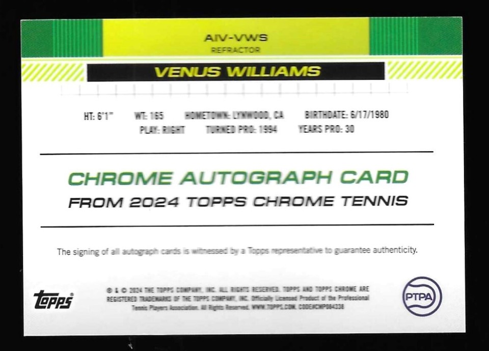 Venus WIlliams 2024 Topps Chrome Tennis Autograph Refractor Variation ...